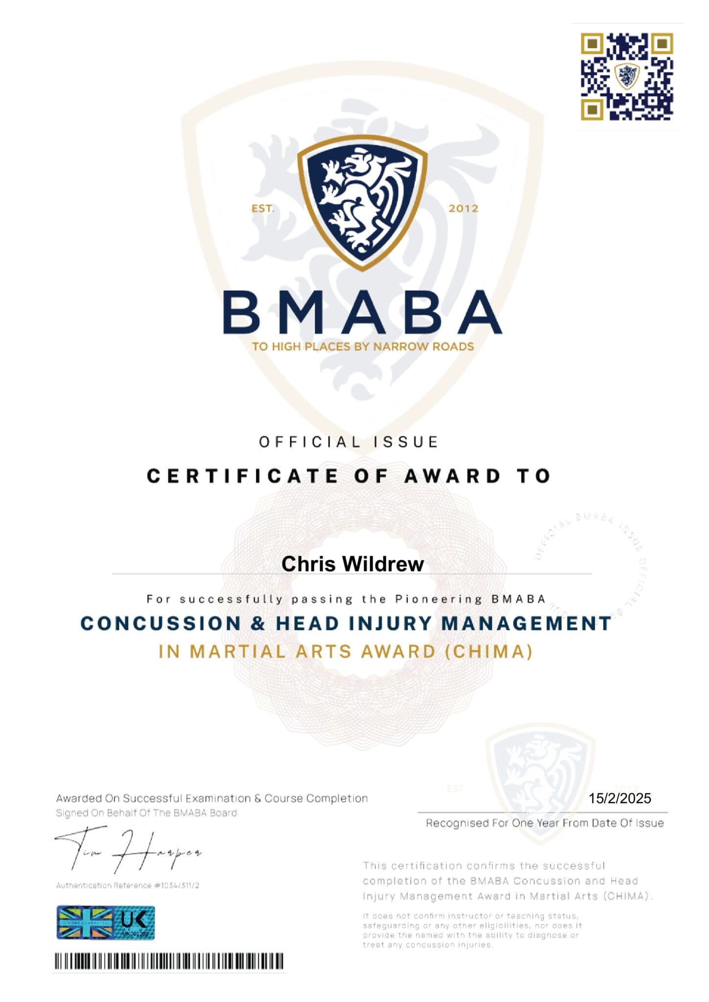 Concussion & Head Injury Management In Martial Arts (CHIMA) Award by ...